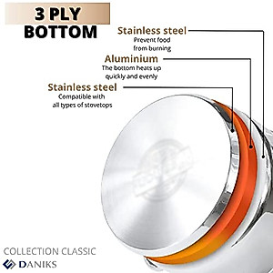 Daniks Classic Stainless Steel Stock Pot with Glass Lid | Induction 4 Quart | Dishwasher Safe Pot | Measuring Scale | Soup Pasta Stew Pot | Silver