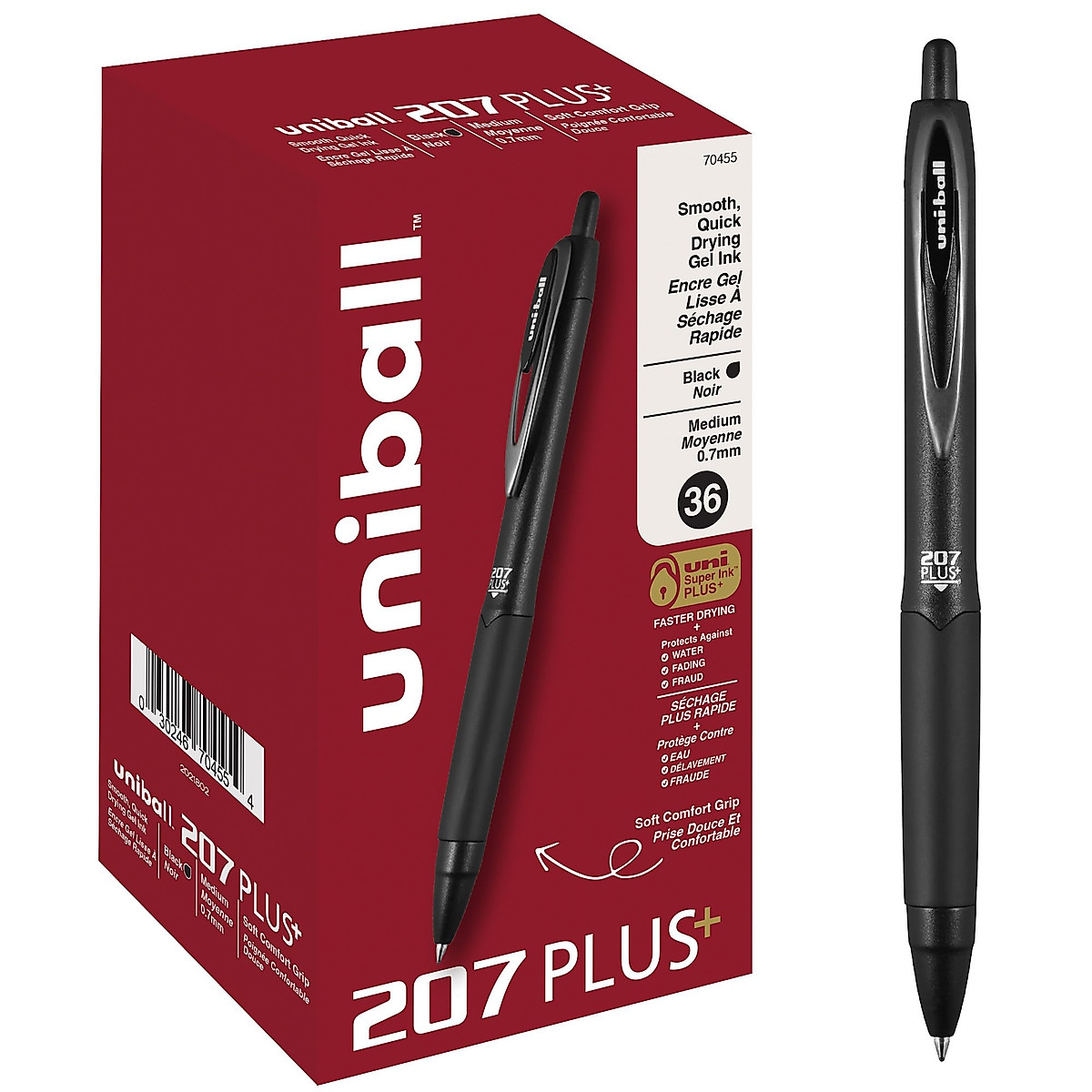 uniball 207 Plus+ Retractable Gel Pens 36 Pack in Black with 0.7mm Medium Point Pen Tips - Uni-Super Ink+ is Smooth, Vibrant, and Protects Against Water, Fading, and Fraud