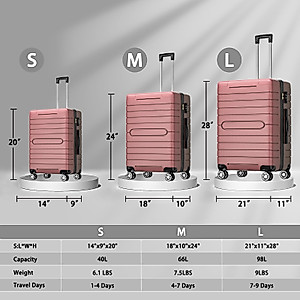 Fujampe 3 Piece Luggage Set, Lightweight Pink Hardshell Luggage Sets with Spinner Wheels & TSA Lock, Carry on Suitcase 3 Piece Sets 20''/24''/28'' (Rose Gold)
