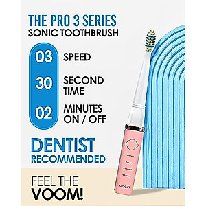 Voom Sonic Pro 3 Rechargeable Electric Battery Powered Toothbrush With Soft Dupont Nylon Bristle Dentist Recommended Portable Oral Care 2-Minute Timer 3 Adjustable Speeds Lightweight Design, Pink