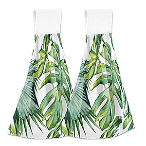 Green Palm Leaves Tropical Leaf Jungle Hanging Kitchen Towel 2 Pcs Hand Towel Tie Towels Set Absorbent Dish Cloths Tea Bar Towels for Bathroom Laundry Room Decor