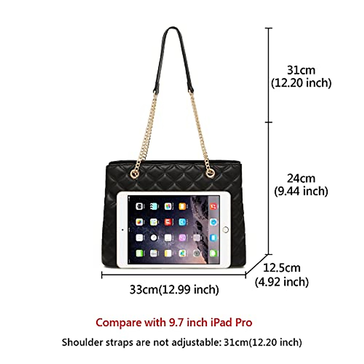 FOXLOVER Tote Handbags for Women, PU Leather Ladies Quilted Tote Bag Purses and Handbags with Chain Strap Women's Large Handbag (Black)