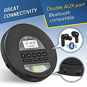 KLIM Nomad - New 2023 - Portable CD Player Walkman with Long-Lasting Battery - with Headphones - Radio FM - Compatible MP3 CD Player Portable - TF Card Radio FM AM Bluetooth - Ideal for Cars - Black