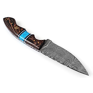 AA KNIVES 8.75” Handmade Damascus Hunting Knife with Leather Sheath - Fixed Blade Knife with Turquoise & Wang Wood Handle – Ideal for Skinning, Camping and Outdoor