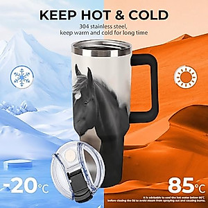 STVNKML 40 Oz Tumbler with Handle Black And White Horses Stainless Steel Coffee Mug Reusable Travel Mug Leak-proof Insulated Car Cup Large Capacity Tumbler for Travel, Outdoor, Home Use (Black)