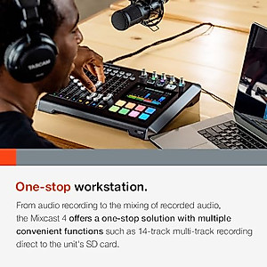 TASCAM Mixcast 4 Podcast Streaming Mixer, Recorder, and USB Audio Interface — Four XLR/TRS Mic Inputs, Touch Screen and Editing Software Included