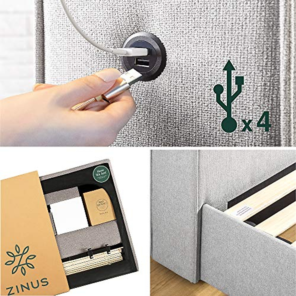 ZINUS Finley Upholstered Platform Bed Frame with Headboard Shelf / USB Ports Included / Wood Slat Support / No Box Spring Needed / Easy Assembly, Queen