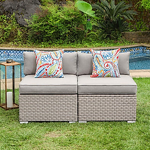 COSIEST 2-Piece Outdoor Furniture Add-on Armless Chairs for Expanding Wicker Sectional Sofa Set w Warm Gray Thick Cushions, 2 Floral Fantasy Pillows for Garden, Pool, Backyard