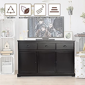 DORTALA Kitchen Buffet Sideboard, Wood Storage Cabinet w/ 3 Drawers and 2 Cupboards, 3 Doors, Morden Entryway Cupboard, Buffet Table for Dining Room, Kitchen, Living Room, Entryway, Brown