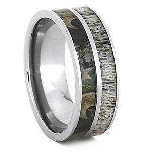 The Men's Jewelry Store (Unisex Jewelry) Forever One Moissanite, Camo Engagement Ring and Deer Antler, Camo Print Titanium Band, His and Her Wedding Band Set, M10-F5