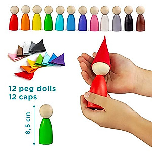 Ulanik Large Peg Dolls with Hats Toddler Montessori Toys for 3 Year Old + Kids Wooden Waldorf Dolls for Learning Color Sorting and Counting — 12 Gnomes, 3.35 in