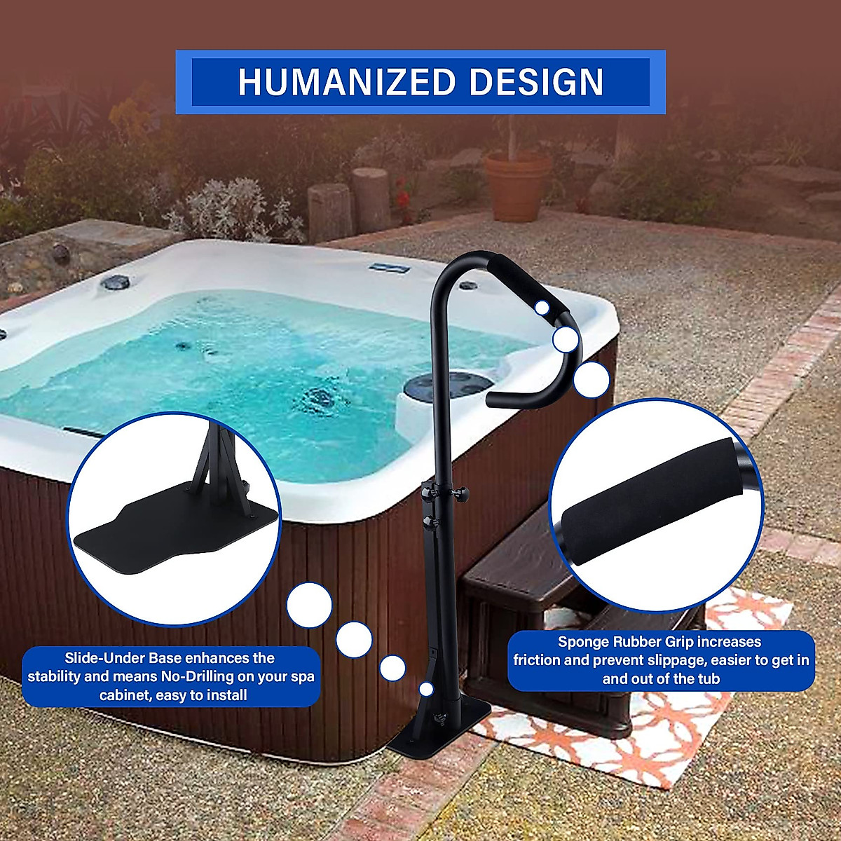 TCFUNDY Hot Tub Handrail, Adjustable 60" Slide Spa Hot Tub Hand Rail, Under Base Spa Step Side Railing 700 LBS Load, Heavy Steel Spa Handrail for Hot Tub with Sponge Rubber Grip, Rotatable Handle