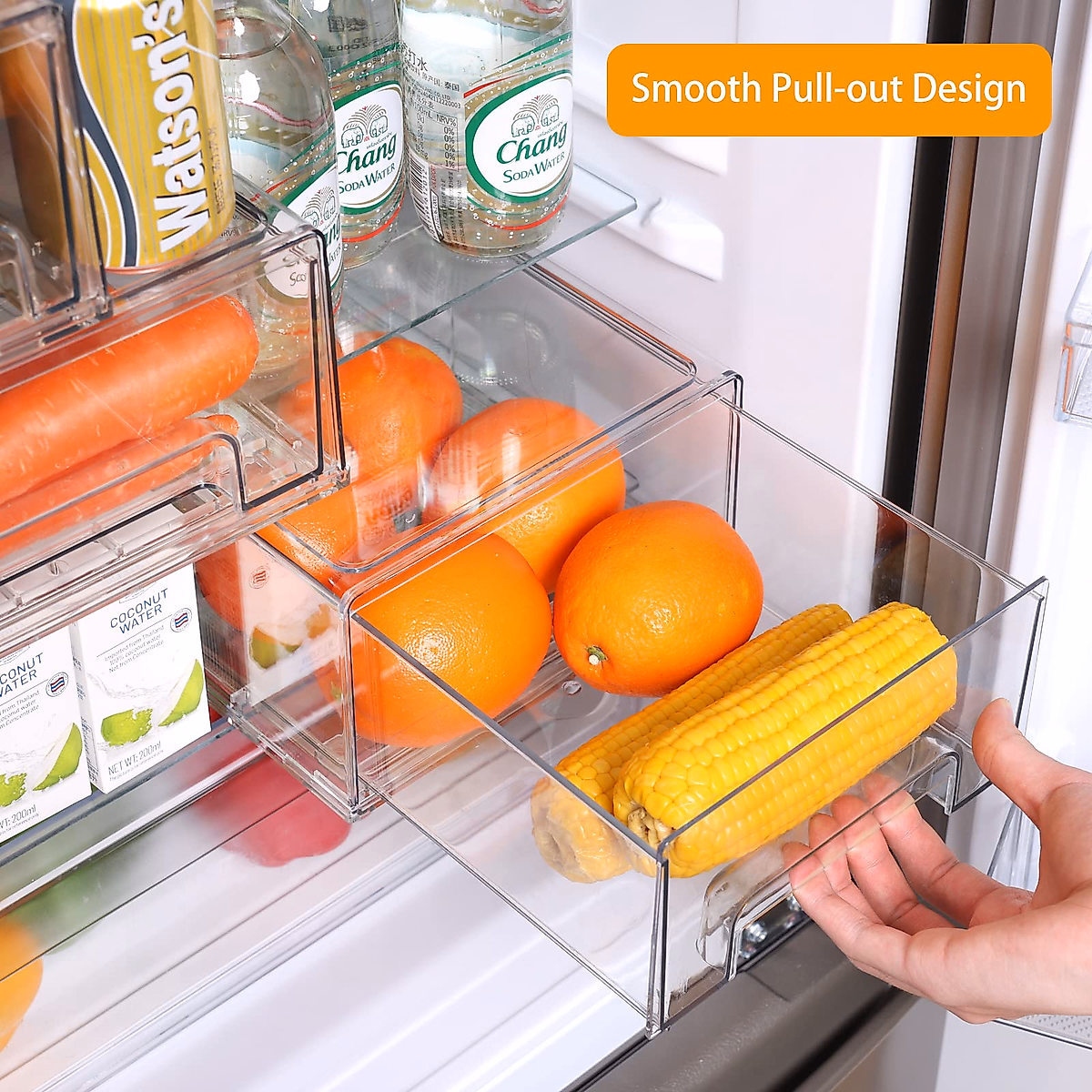 Moretoes 2 Pack Fridge Organizer Bins, Fridge Drawer Organizer Stackable Pull Out Storage Bins for Storage Clear for Food, Drinks, Vegetable Storage, Medium