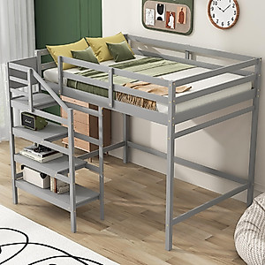 SOFTSEA Full Size Loft Bed with Hanger Wood Loft Bed with Stairs for Kids Adults