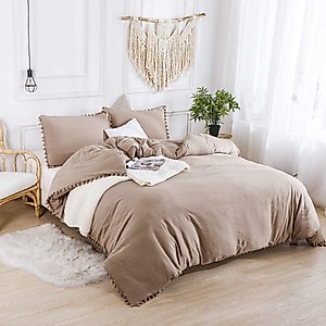 MoonxHome Duvet Cover Set Queen Size Boho Aesthetic Comforter Cover Bed Set Ball Pom Poms Fringe Luxury 100% Super Soft Microfiber 3 Piece Duvet Cover Set Includes 2 Pillow Shams Tawny