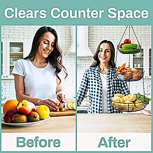 Home Intuition 3-Tier Hanging Fruit Product Basket with Heavy Duty Wire and 2 Metal Ceiling Hooks, Round, Black