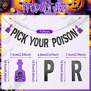 Black Glitter Pick Your Poison Banner - Halloween Hanging Paper Garland Bunting Banner with Purple Potion Bottle Decorations, Photo Backdrop for Wall Home Mantel Office Wall Scary Party Supplies