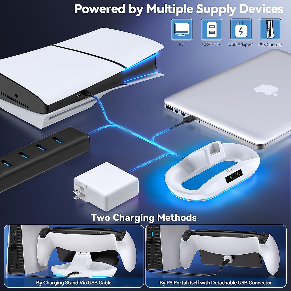 Charging Stand for PS Portal Remote Player, PS Portable Charging Dock with Light Modes, PS Portal Stand Charger, Portal Dock Station with Magnetic Connector, PS Portable Holder Charging Base, White