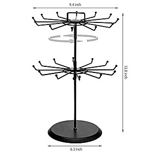 MyGift 2 Tier Black Metal Rotating Necklace and Bracelet Organizer Jewelry Stand with 24 Hooks, Multipurpose Accessory and Keychain Spinning Display Rack with Top Handle Card Holder