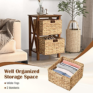 Giantex 2-Tier Nightstand with Wicker Baskets Set of 2, Wooden X-Design Side Table End Table, Beside Table with Acacia Wood Legs, Mid Century Accent Storage Cabinet for Small Spaces, Bedroom, Walnut