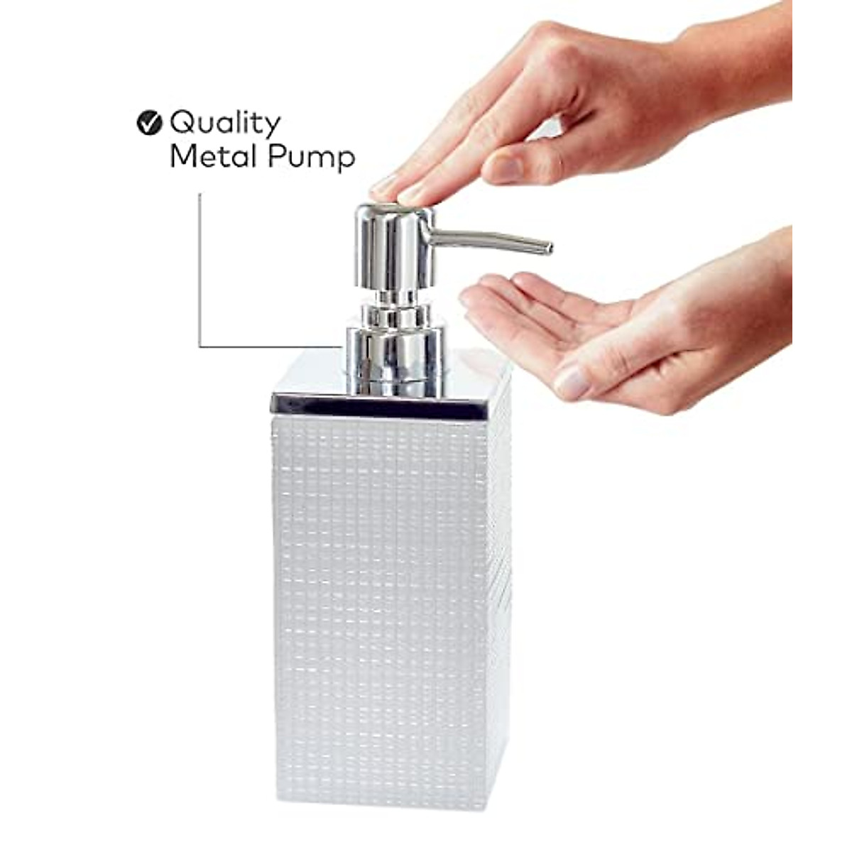 Creative Scents White Bathroom Accessories Set - 4 Piece Bathroom Set with Silver Base - Decorative Bathroom Accessory Set Includes: Soap Dispenser, Toothbrush Holder, Soap Dish and Tumbler (Estella)