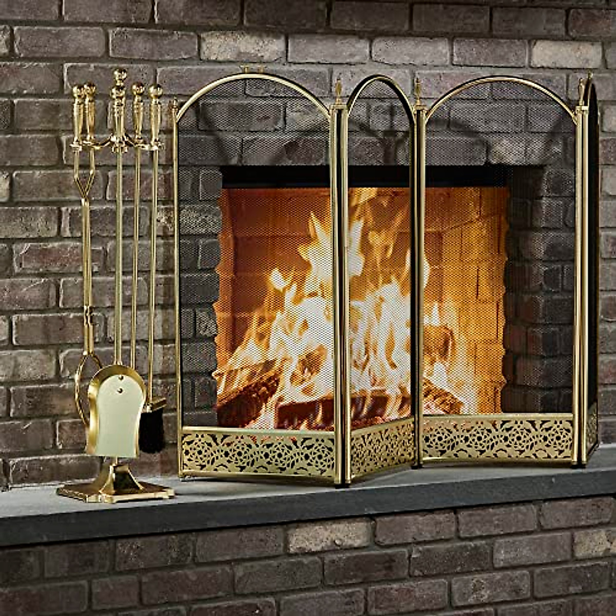UniFlame Polished Brass Finish 5-Piece Fireplace Tools Set with Heavy Weight Steel Construction