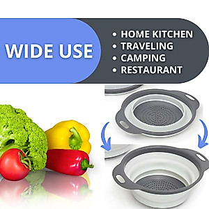 Round Silicone White Colander Collapsible – Foldable White Kitchen Strainer Small Collapsible Colander with Plastic Handles for Draining Vegetable and Fruit Silicone Kitchen Strainer for Pasta
