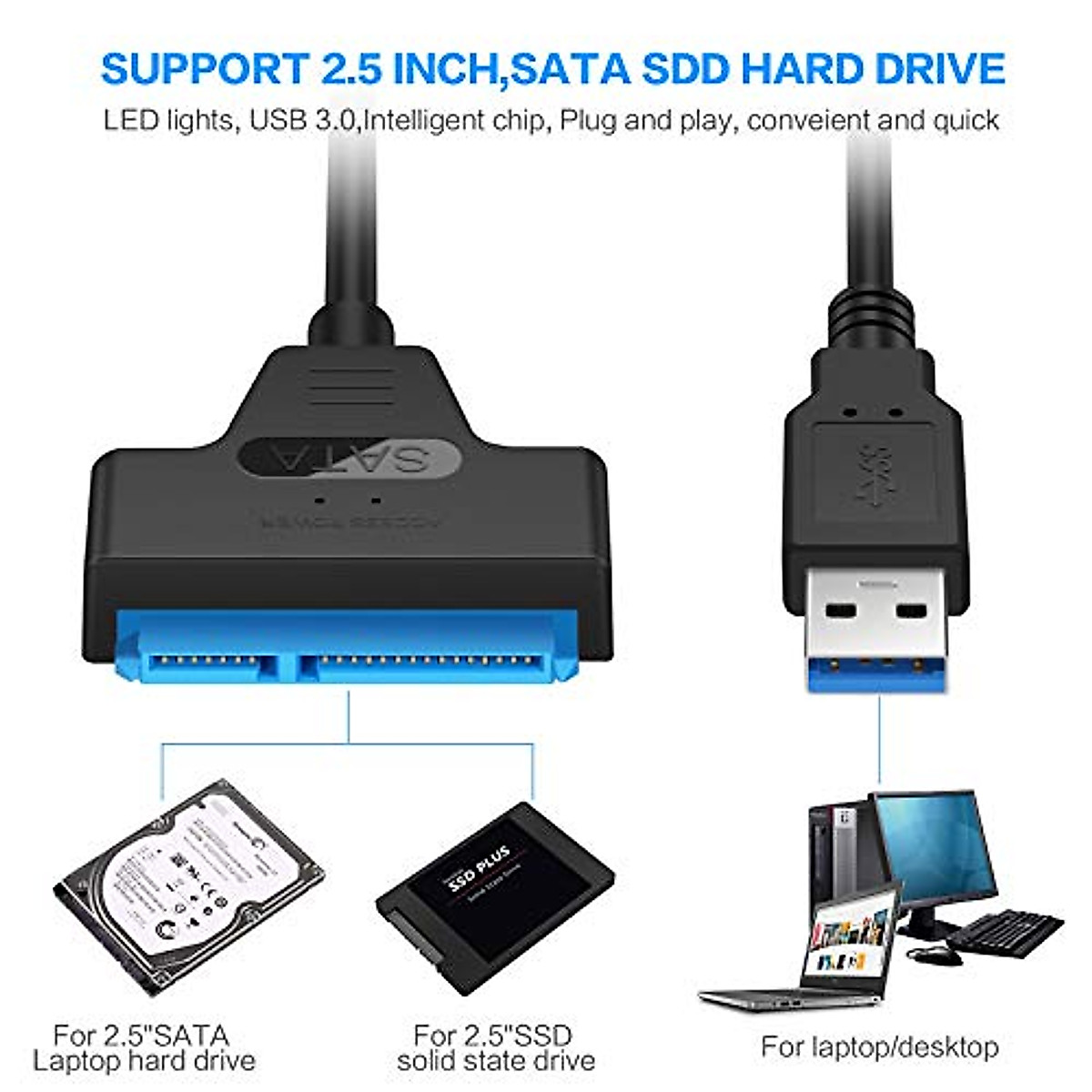 ULXUUUN SATA to USB Cable, USB 3.0 to SATA III Hard Drive Adapter Compatible for 2.5-Inch HDD & SSD, Support UASP