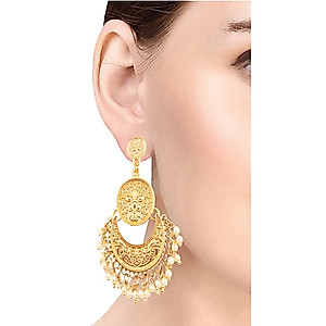 Touchstone Indian earrings for women jewelry jhumkas gold folklorico dangle bollywood wedding clip on gypsy chandbali chandelier aretes de charro navratri filigree accessories in antique gold tone.