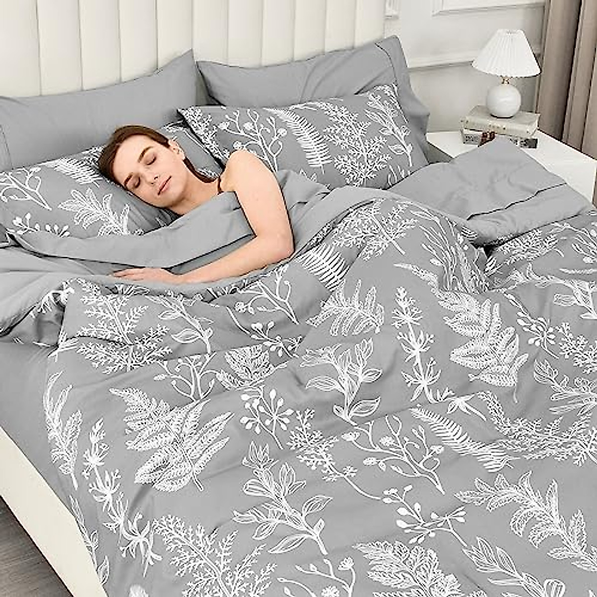 PHF Soft Printed Comforter Sets Queen-7 PCS Bed in A Bag Comforter & Sheet Set-Flowers Botanical Cozy Bedding Set Include Comforter, Pillow Shams, Flat Sheet, Fitted Sheet and Pillowcase, Grey