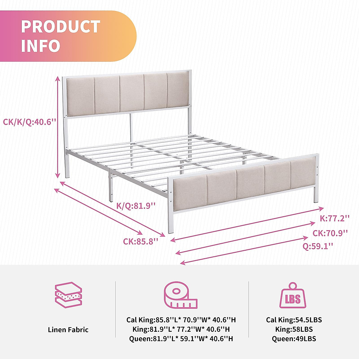 Mixoy Cal King Metal Bed Frame, Linen Platform Bed Frame with Upholstered Headboard, Heavy Duty Metal Mattress Foundation, Strong Metal Slat Support, No Box Spring Needed (Cal King/Beige)