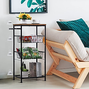 Kitchen Storage Cart on Wheels 4 Tier Rolling Storage Cart with Mesh Wire Basket and Handle Utility Storage Trolley Serving Cart with Wooden Tabletop for Small Space Dining Room Bathroom Rutic Brown