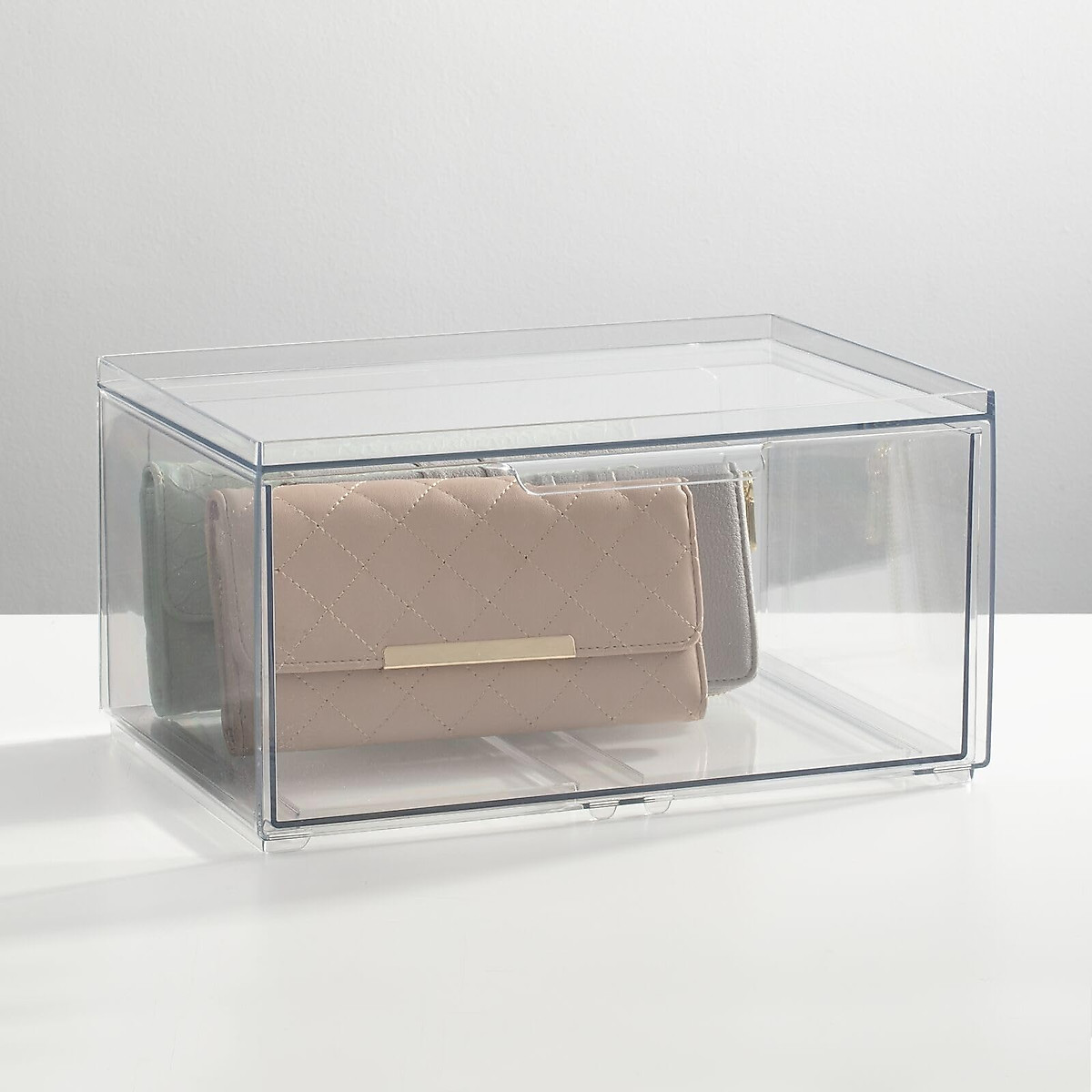 mDesign Plastic Wide Stackable Closet Storage Organizer Bin Containers with Front Pull Drawer for Cabinet, Desk, Shelf, Cupboard, or Dresser Organization - Lumiere Collection - 4 Pack - Clear