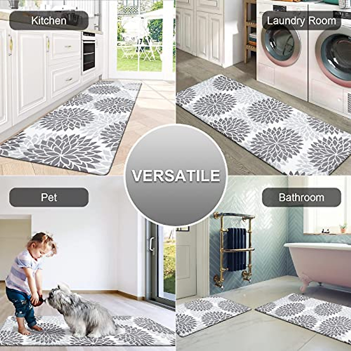 HEBE Anti Fatigue Kitchen Rug Sets 2 Piece Non Skid Kitchen Floor Mats 17"x48"+17"x28" Cushioned Comfort Standing Mat Waterproof Kitchen Runner Mats