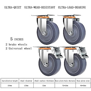 Caster Wheels, Casters Set of 4, 5 Inch Wheels for Furniture Directional Casters & Swivel Casters & Brake Casters, Industrial Casters Rubber Silent Load Capacity 400Kg(2universal+2brake)