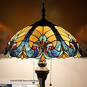 WERFACTORY Tiffany Floor Lamp Blue Yellow Liaison Stained Glass Standing Reading Light 16X16X64 Inches Antique Pole Corner Lamp Decor Bedroom Living Room Home Office S160E Series