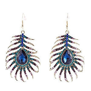 Frogwill Womens Crystal Hook Earrings Sparkling Rhinestone Peacock Feather Dangle Earrings (Blue)