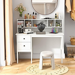 GLOBALWAY48” Computer Desk, Study Writing Desk with 5-Cube Hutch, 2 Drawers & Charging Station, Home Office Workstation for Living Room, Study & Bedroom, White