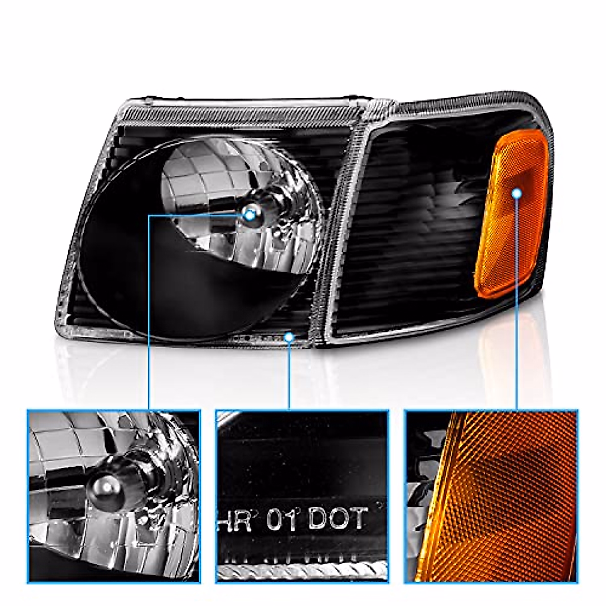 AmeriLite for 2001-2005 Ford Explorer Sport Trac Crystal Black Replacement Headlights with Corner Lamp Set - Passenger and Driver Side