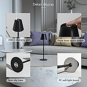Timjorman Modern LED Cordless Table Lamp, 4000mAh Rechargeable Battery, 3 Level Brightness Night Light, Metal Shell, Minimalist Design, for Couples Dinner/Coffee Table/Restaurant/Bedroom, Black