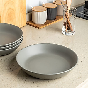 AmorArc 9.5'' Stoneware Pasta Bowls, 38oz Large Wide Salad Serving Bowls Set of 4 for Pasta Salad Snacks Bread Meal, Microwave Safe Flat bowls for Kitchen, Matte Gray