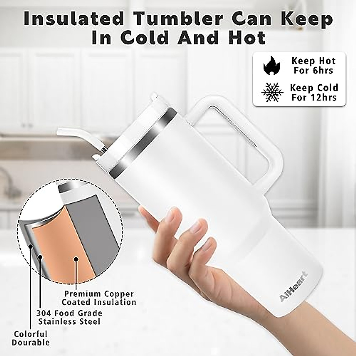 AiHeart 40oz Tumbler with Handle,Spill Proof Lid Straw and Silicone Coaster,Stainless Steel Double Wall Insulated Travel Mug,Reusable Water Bottle,Iced Coffee Mug,For Car Cup Rack(White)