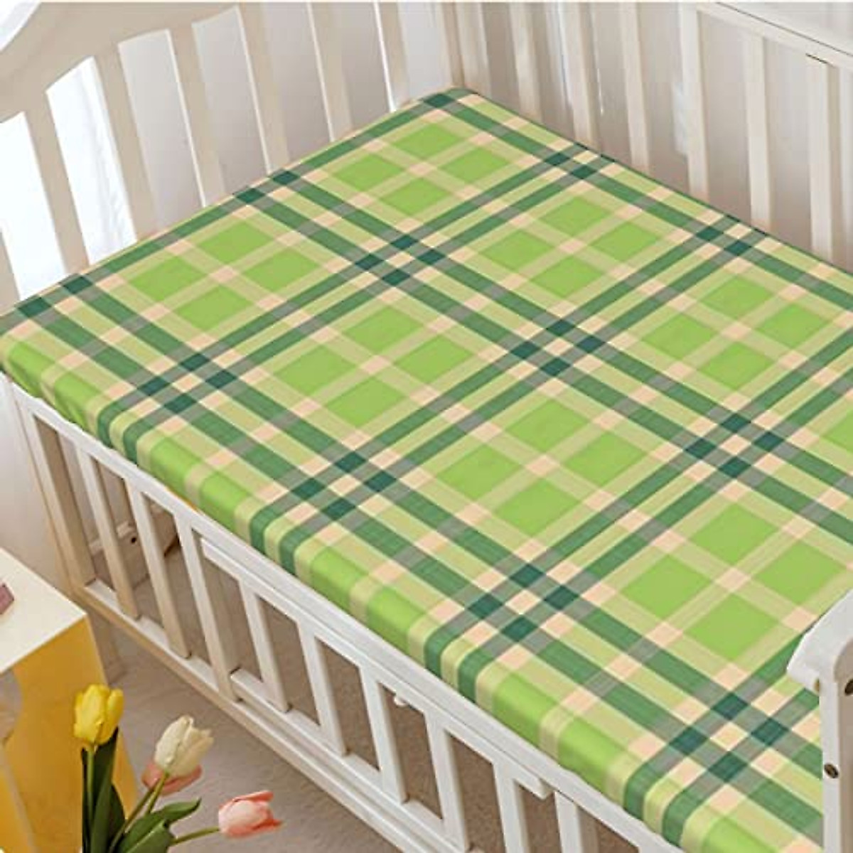 Plaid Themed Fitted Mini Crib Sheets,Portable Mini Crib Sheets Toddler Bed Mattress Sheets-Great for Boy or Girl Room or Nursery,24“ x38“,Beige Green Hunter Green