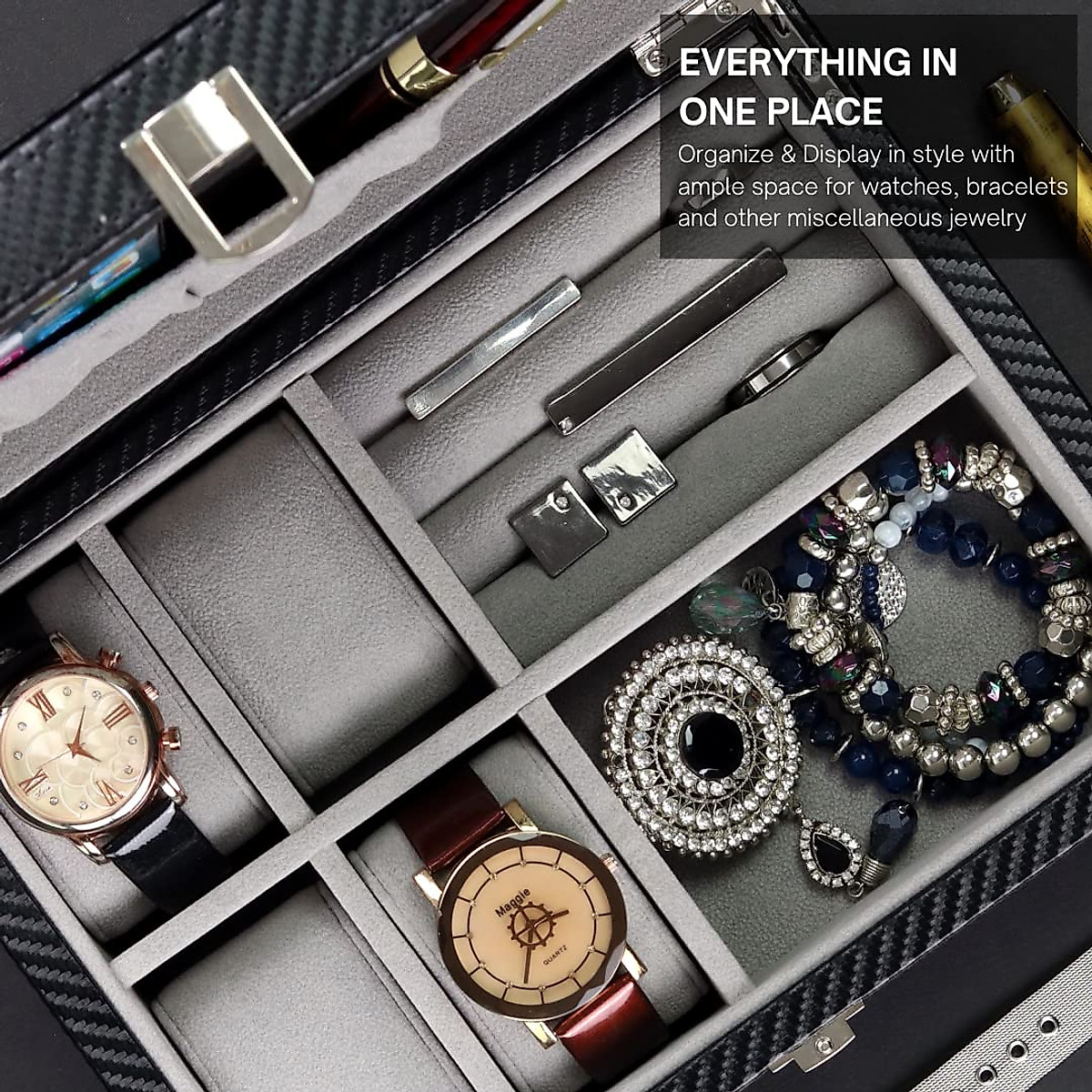 Decorebay Executive Leather Watch Box, Cufflink, Ring Storage Jewelry Box Organizer and Jewellery Box for Men (Crow)