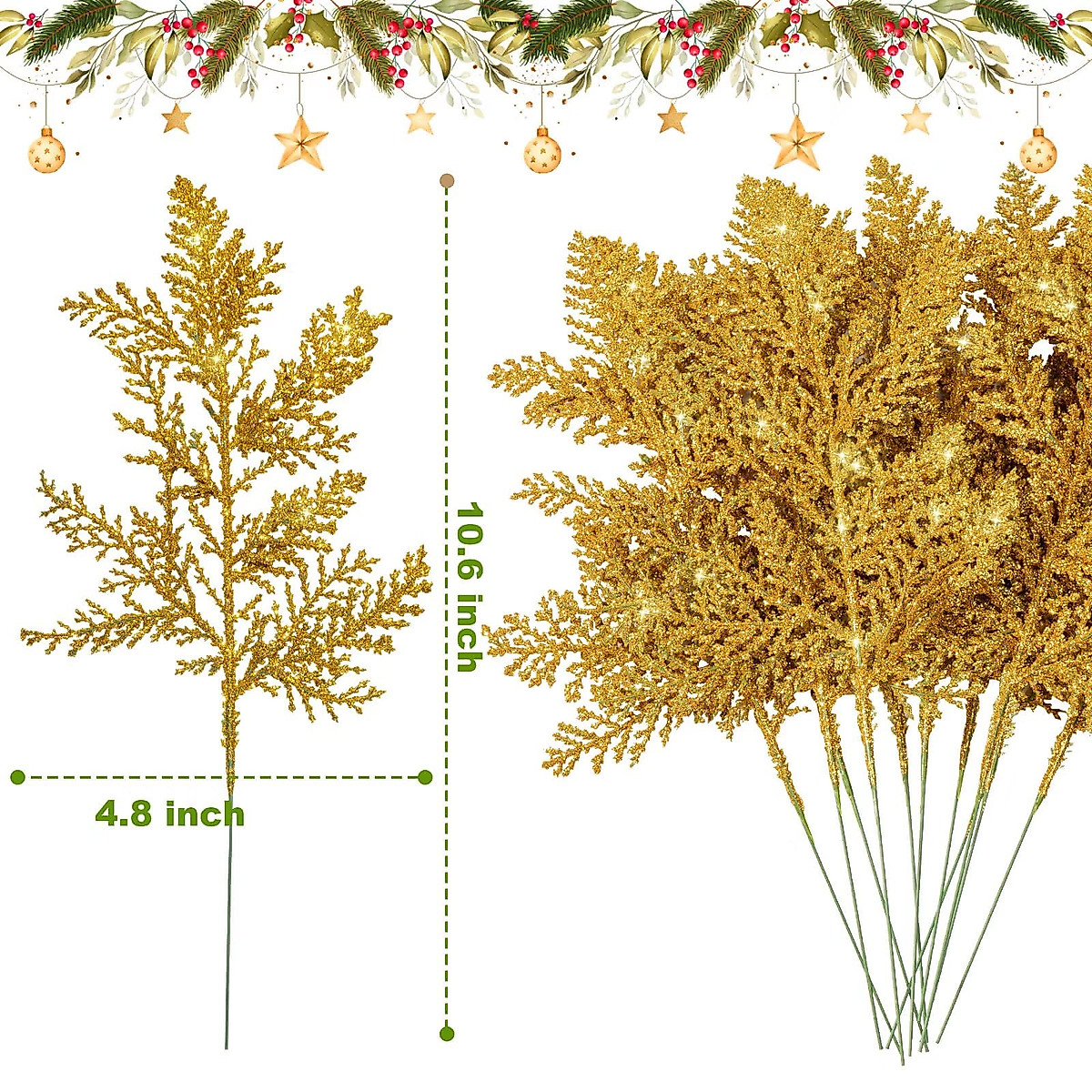 TORINALITAL 22PCS Christmas Tree Picks Sprays, Gold Glitter Artificial Pine Needles Faux Christmas Floral Picks Branches for Christmas Tree Wreath Wedding Bouquet Winter Seasonal Holiday Decoration