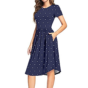 YUNDAI Ladies Knit Cotton Polka Dot Teacher Flowy Swing Knee Length Dress Medium, Dot Navy