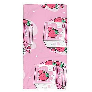 Kuizee Microfiber Hand Towel Face Towels Carton of Strawberry Milk Kawaii Anime Cartoon Pink Absorbent Ultra Soft Stylish Bathroom 30X15 Inch