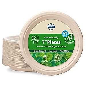 Amozife 100% Compostable 7 Inch Paper Plates, 125 Count Disposable Eco-Friendly Brown Dinner Plates, Biodegradable Heavy Duty Plates for Parties, Weddings, Catering, Events