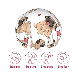 White Brown Pug Shower Cap for Women,Double Waterproof Layers Bathing Shower Hat Large Designed for all Hair