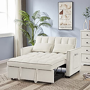 Velvet Pull Out Sleeper Sofa Bed, Convertible Futon Couch Bed with Adjustable Backrests, 3 in 1 Modern Loveseat with 2 Pockets and Pillows, Small Love Seat for Living Room, Guest Room, Off White